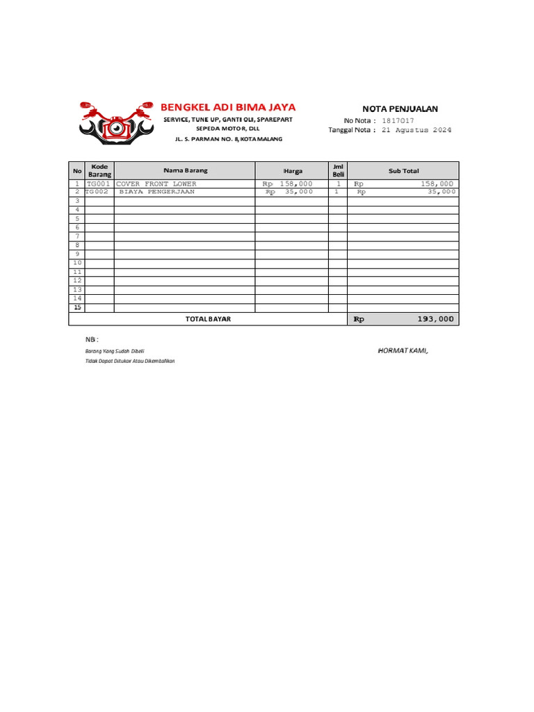 Invoice Bengkel Adi Bima Jaya | PDF