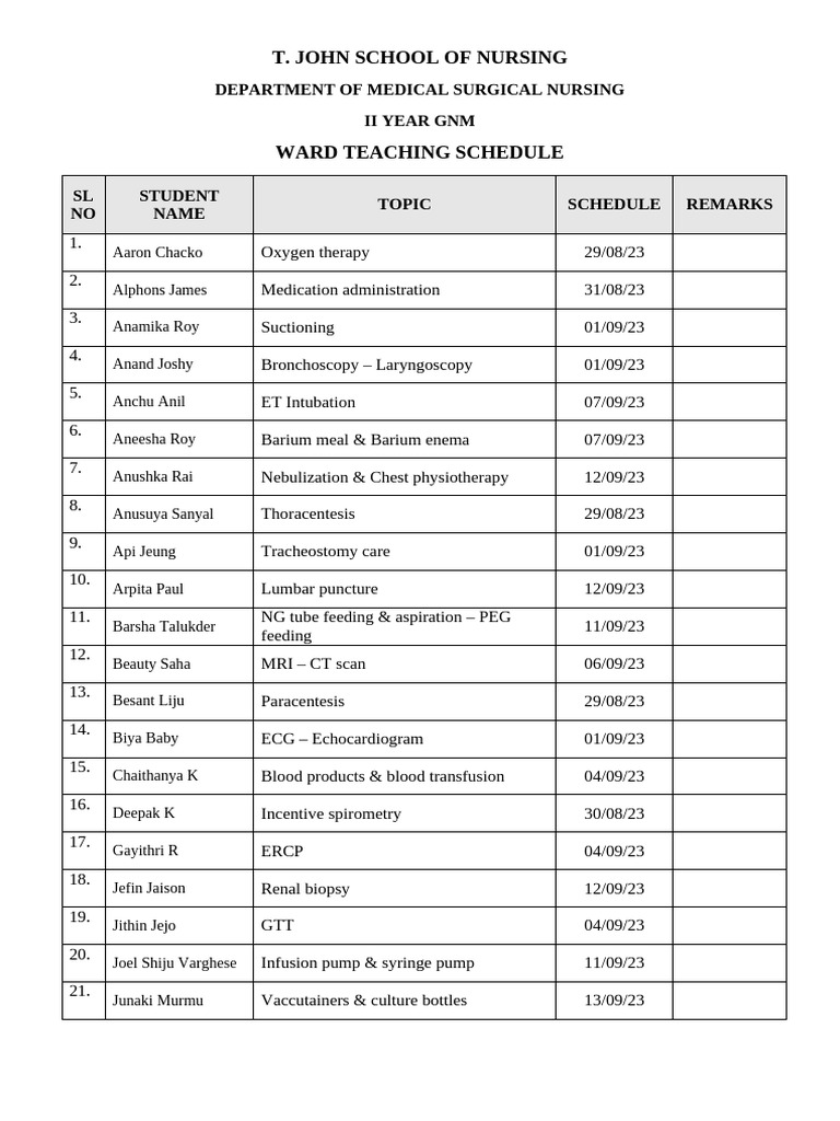 Ward Teaching Schedule | PDF
