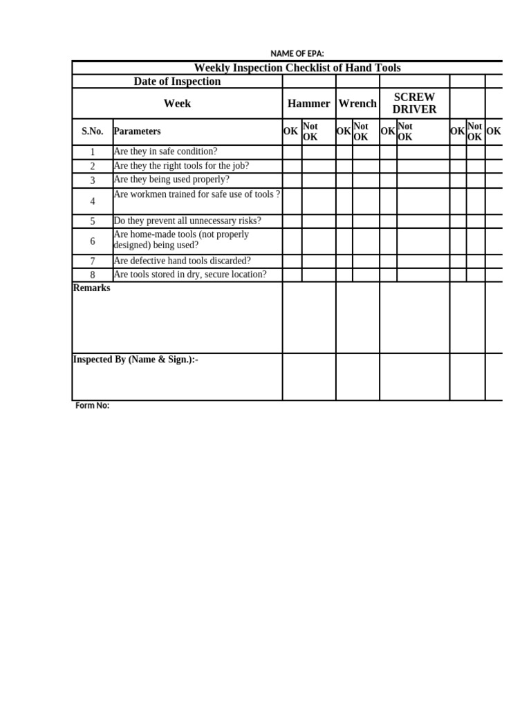 Weekly Inspection Checklist of Hand Tools | PDF