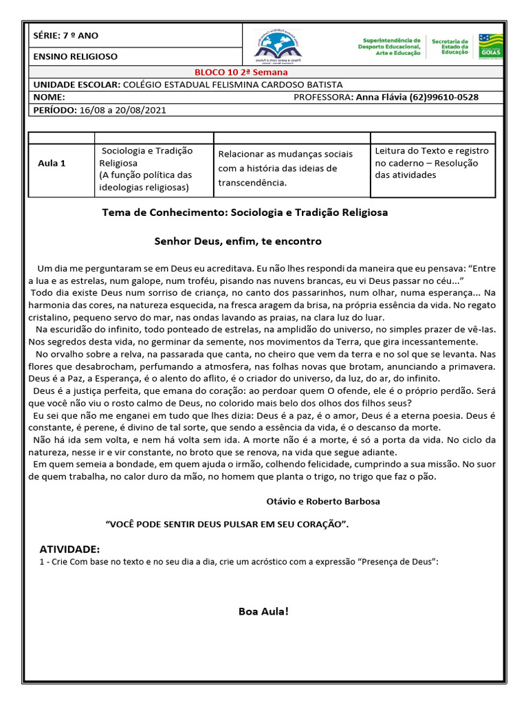 Ensino Religioso 7c2b0 Ano Bloco 10 2a Semana | PDF