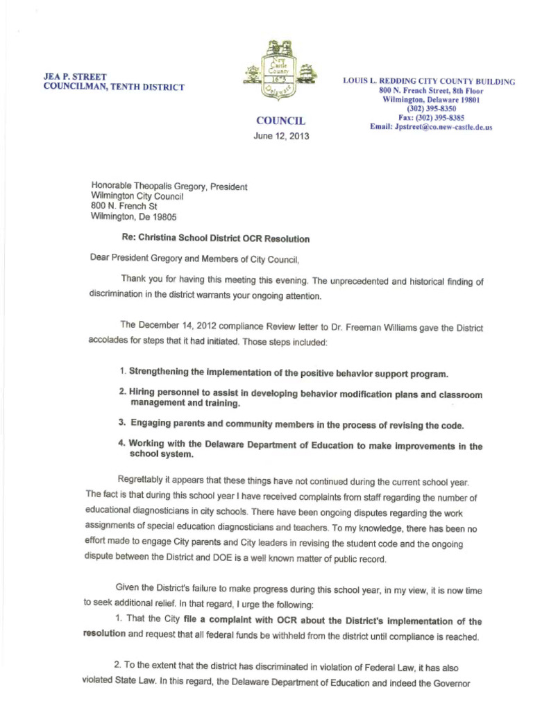 Jea Street's Letter To Wilmington City Council Regarding Christina ...