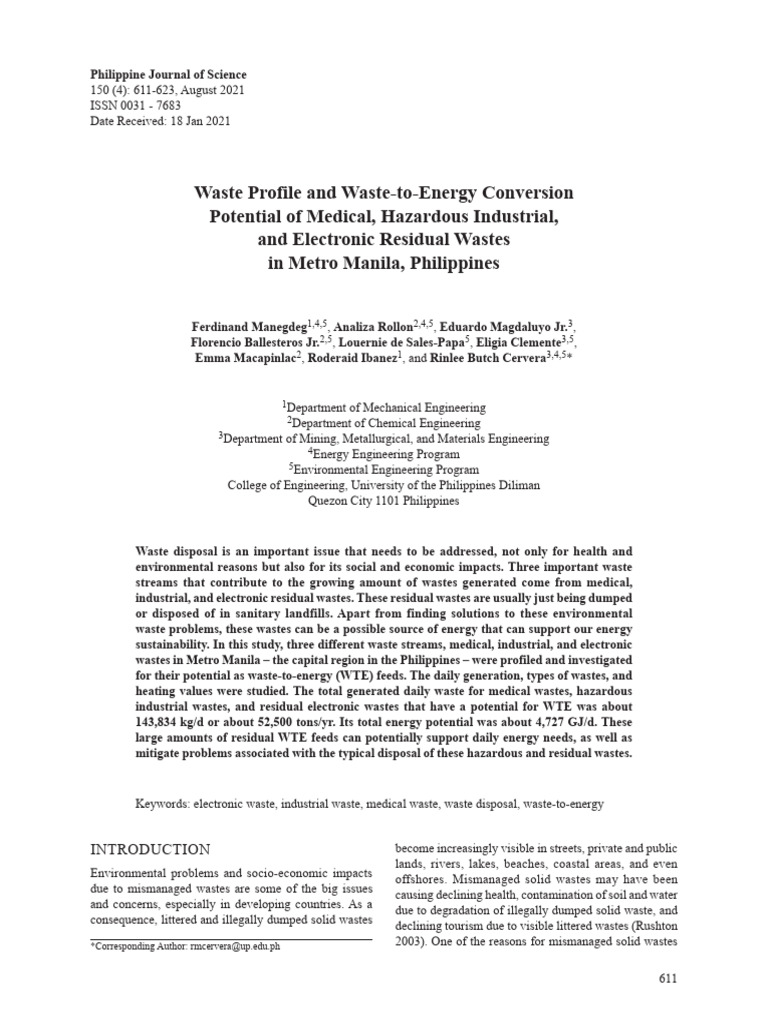 Waste Profile and Waste-To-Energy Conversion | PDF