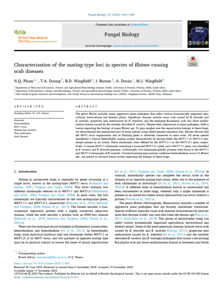 Characterisation of The Mating-Type Loci in Species of Elsinoe Causing ...