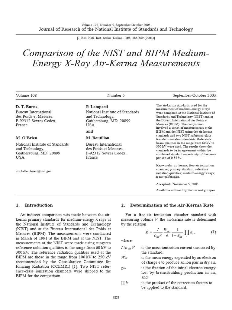 Comparison of The NIST and BIPM Medium-Energy X-Ray Air-Kerma Measurements | PDF