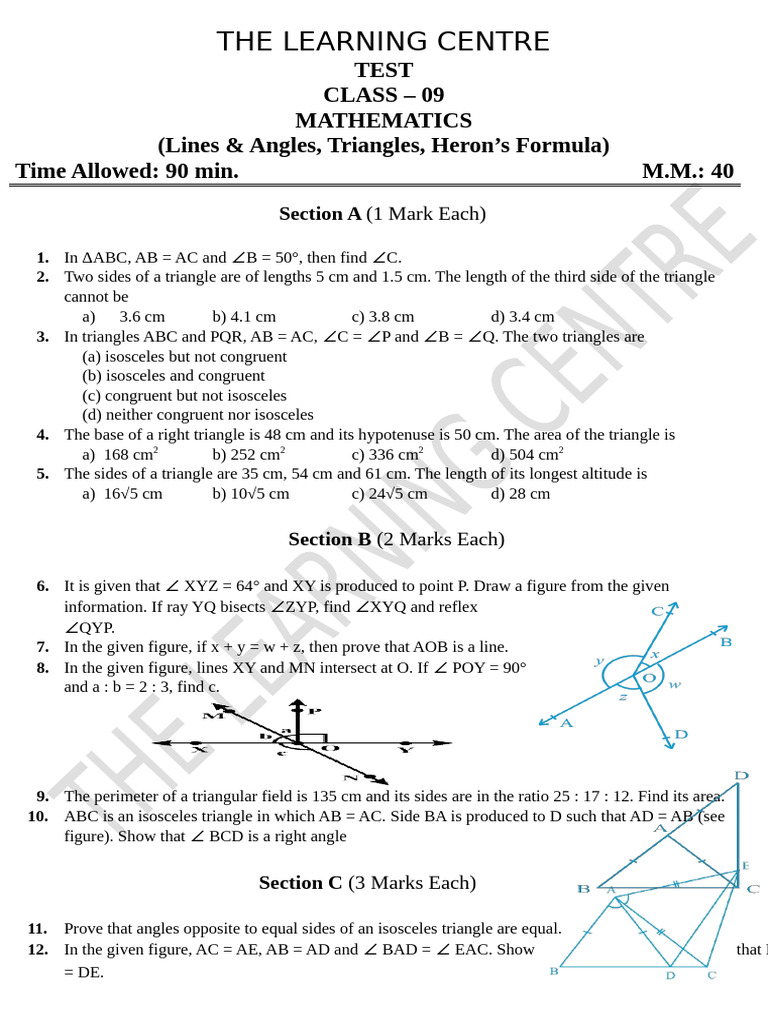 Class 9 Line Triangles Herons Formula Test | PDF