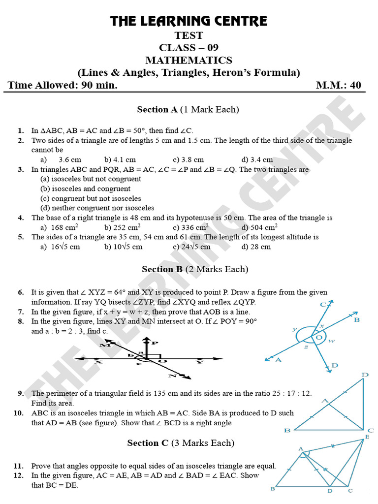 Class 9 Line Triangles Herons Formula Test | PDF