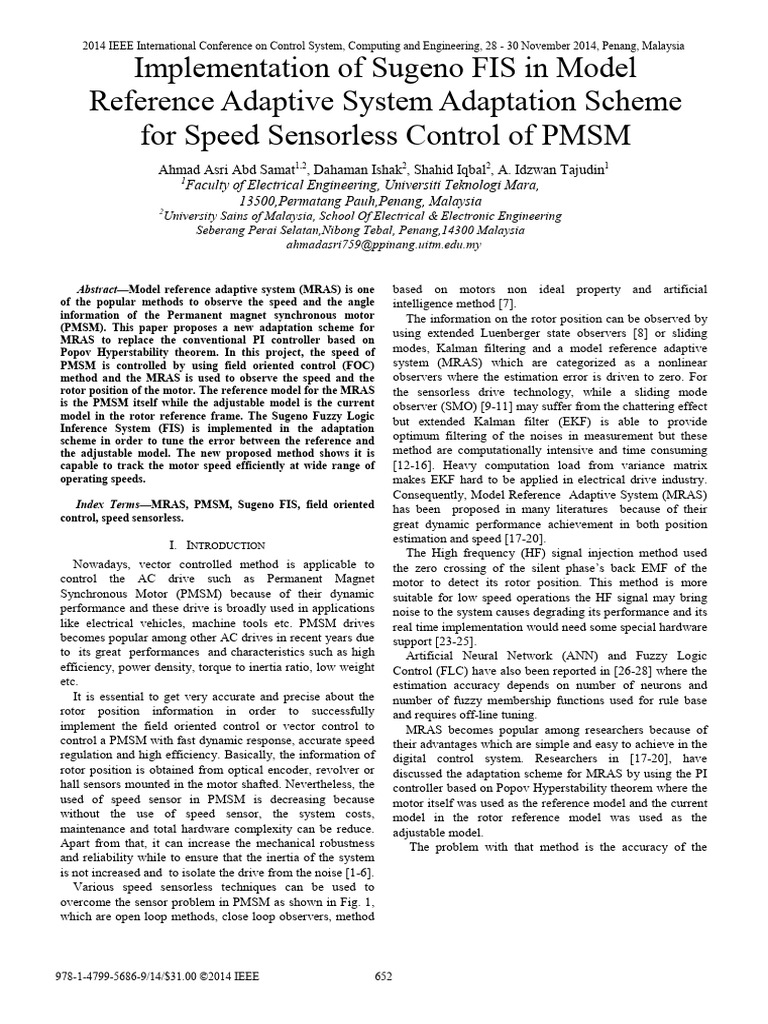 Implementation of Sugeno FIS in Model Reference Adaptive System Adaptation Scheme For Speed ...
