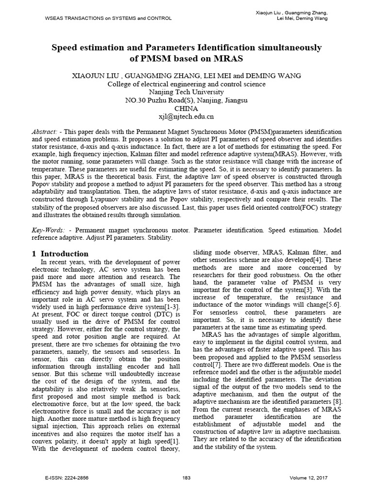 Speed Estimation and Parameters Identification Simultaneously of PMSM Based On MRAS | PDF