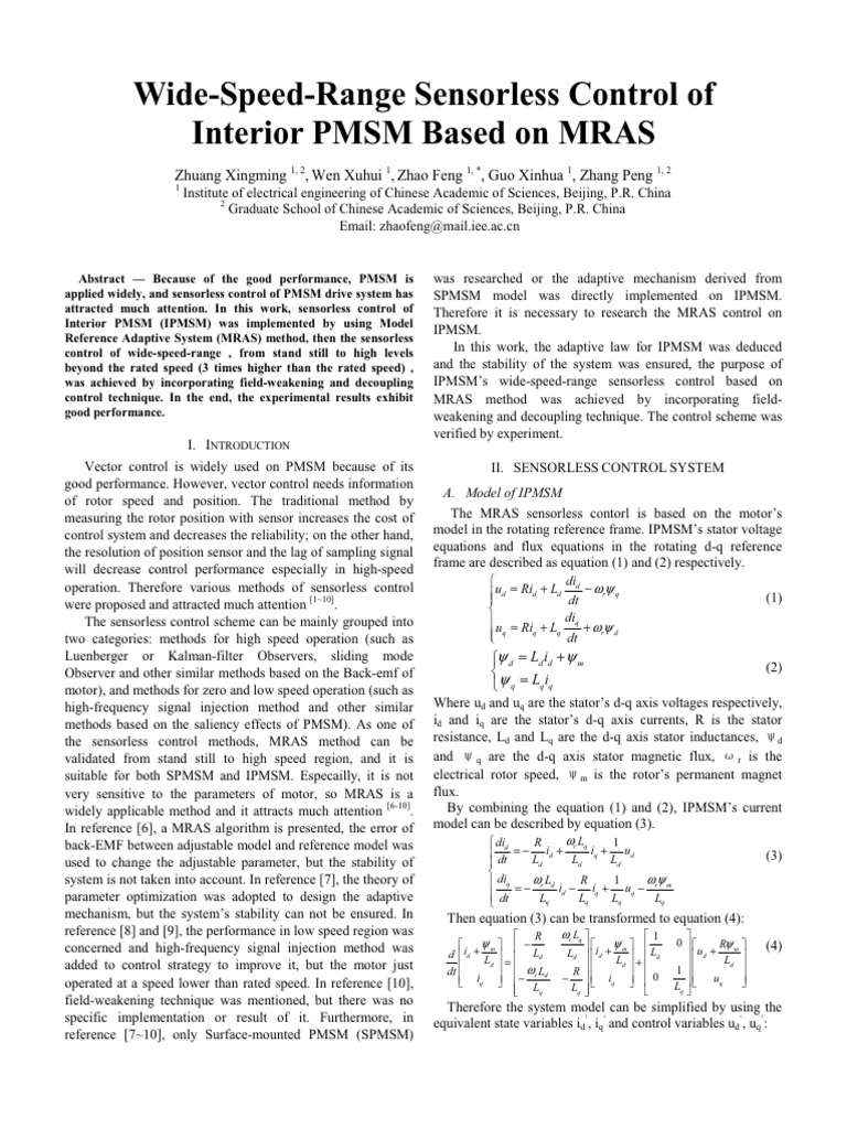 Wide-Speed-Range Sensorless Control of Interior PMSM Based On MRAS | PDF