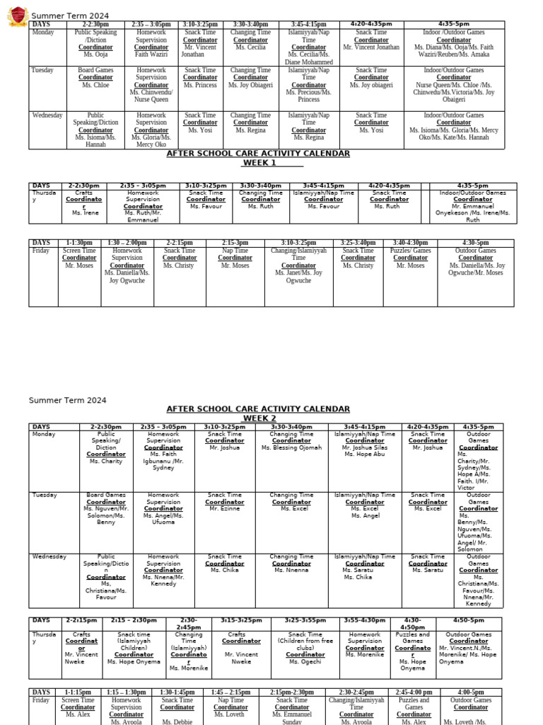 After School Activity Rota For Summer Term 2024 | PDF
