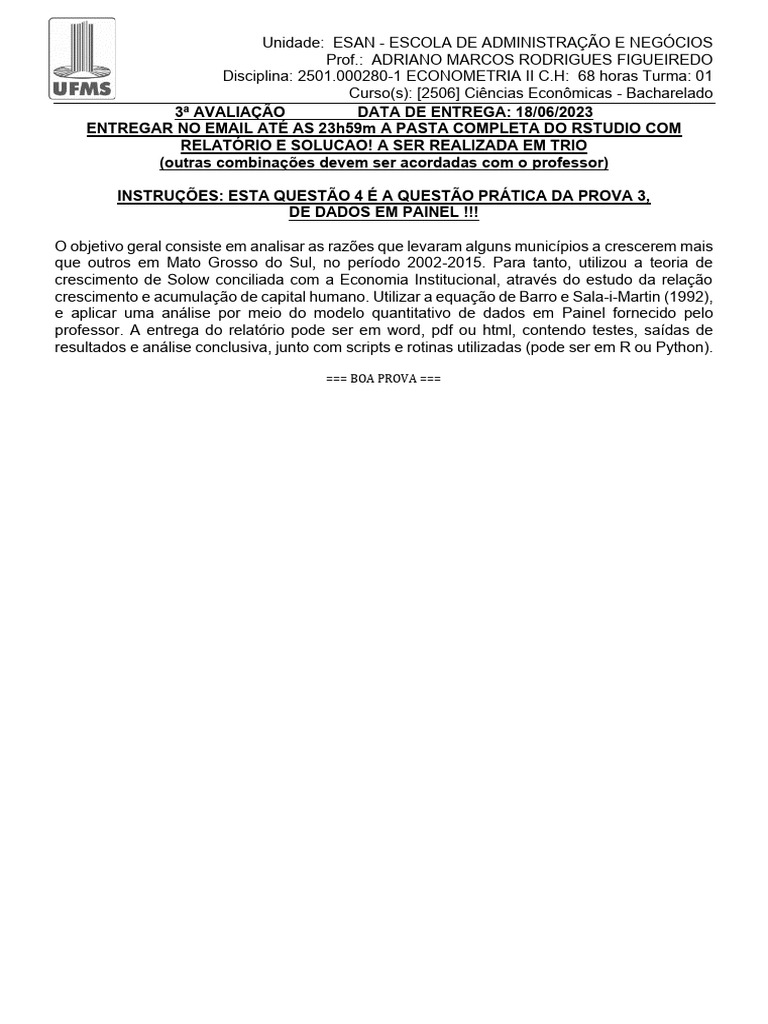 Prova 3_2024 Econometria II Questao pratica | PDF