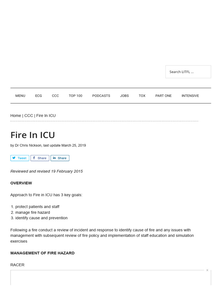Fire in ICU - LITFL - CCC Clinical Governance | PDF