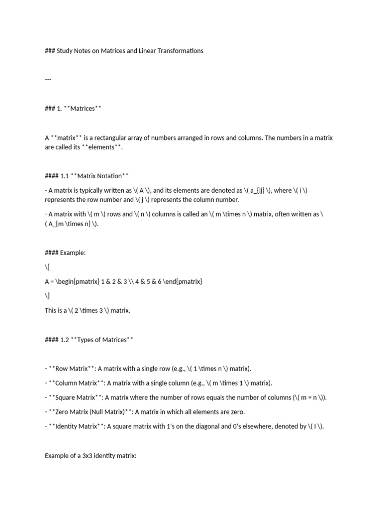Study Notes On Matrices and Linear Transformations | PDF