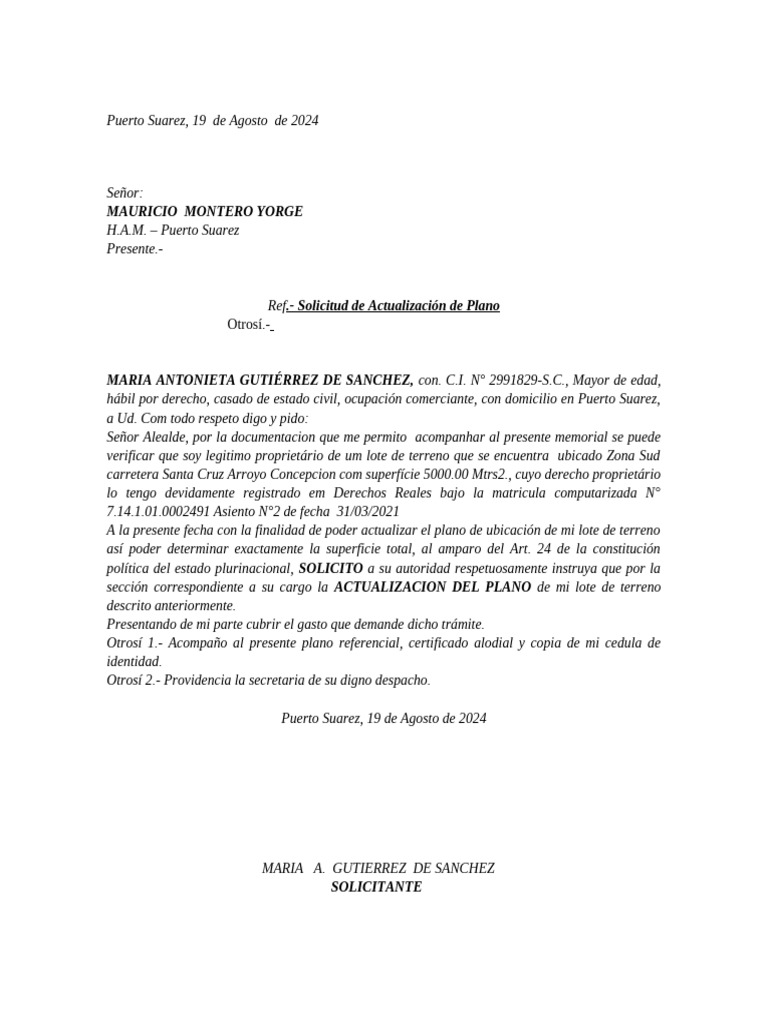 Alcaldia Municipal-Puerto Suarez-Hebert Sanchez - Solicitud Actualizacion de Plano | PDF