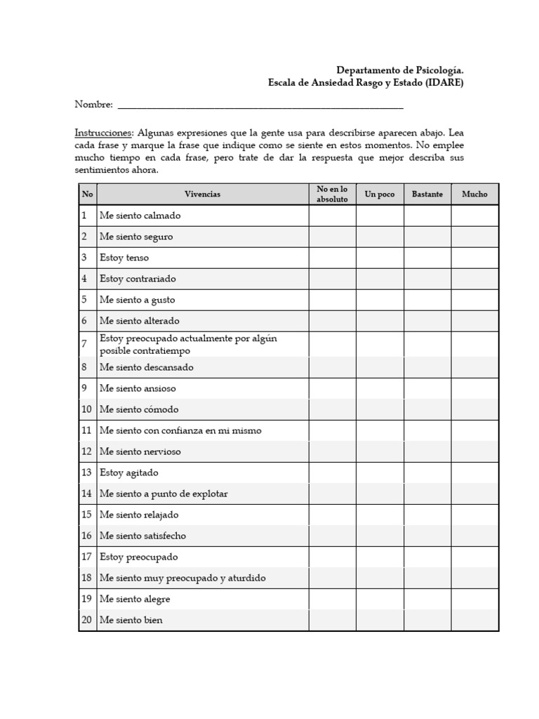 Escala de Ansiedad Rasgo y Estado (IDARE) | PDF