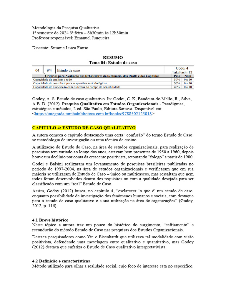 Resumo Tema 4-Estudo de Caso | PDF