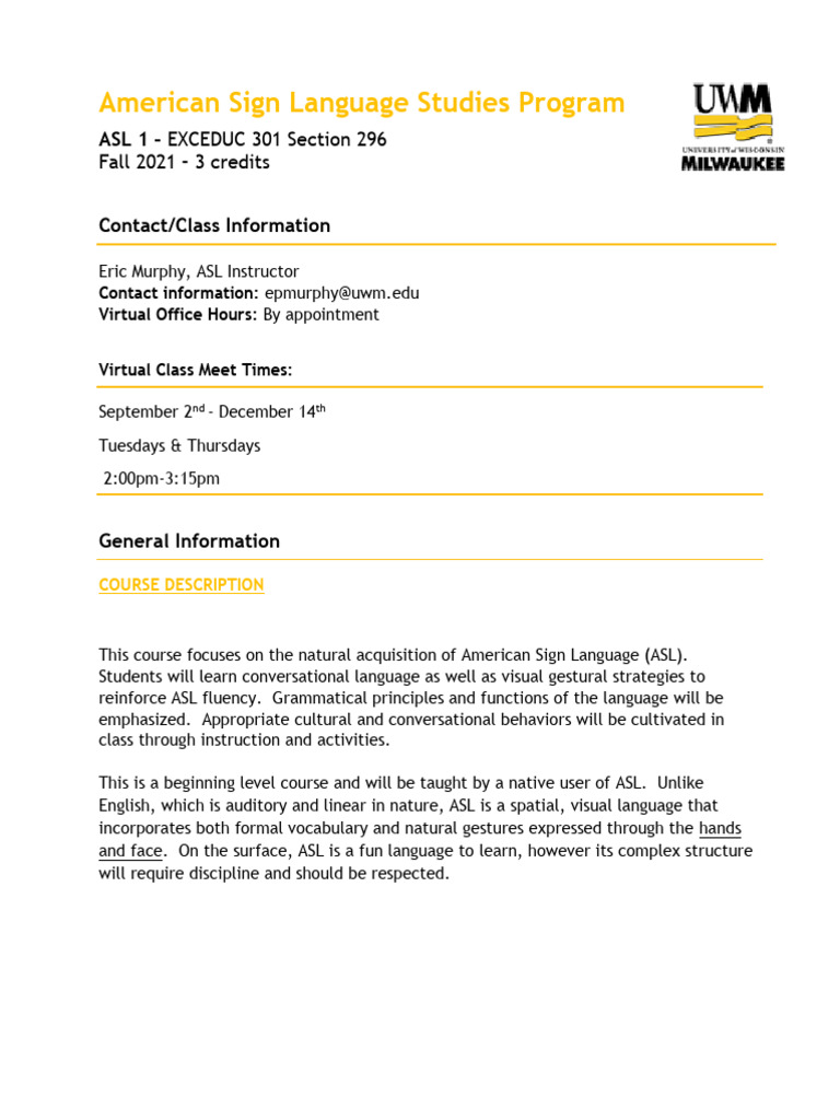 ASL 1 Syllabus Online Fall 2021 | PDF