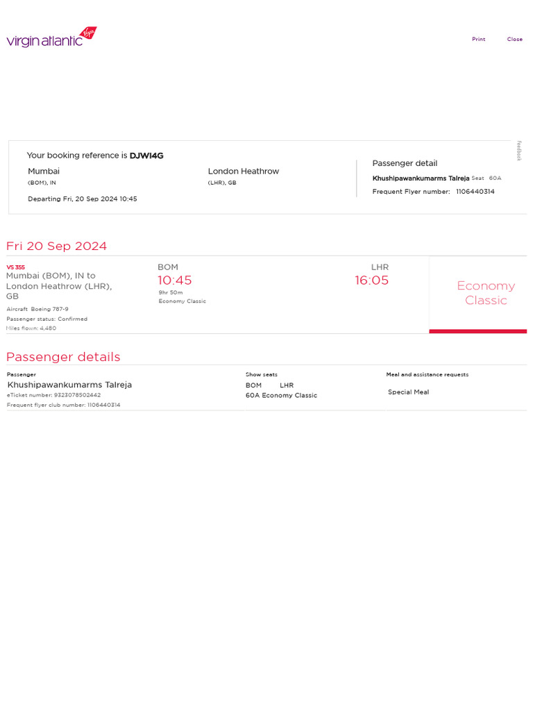 Mumbai to London Flight Booking Confirmation | PDF