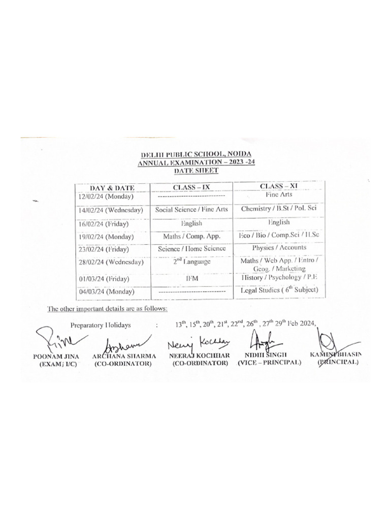Class 11th Annual Examination Date Sheet, 2023-24 | PDF