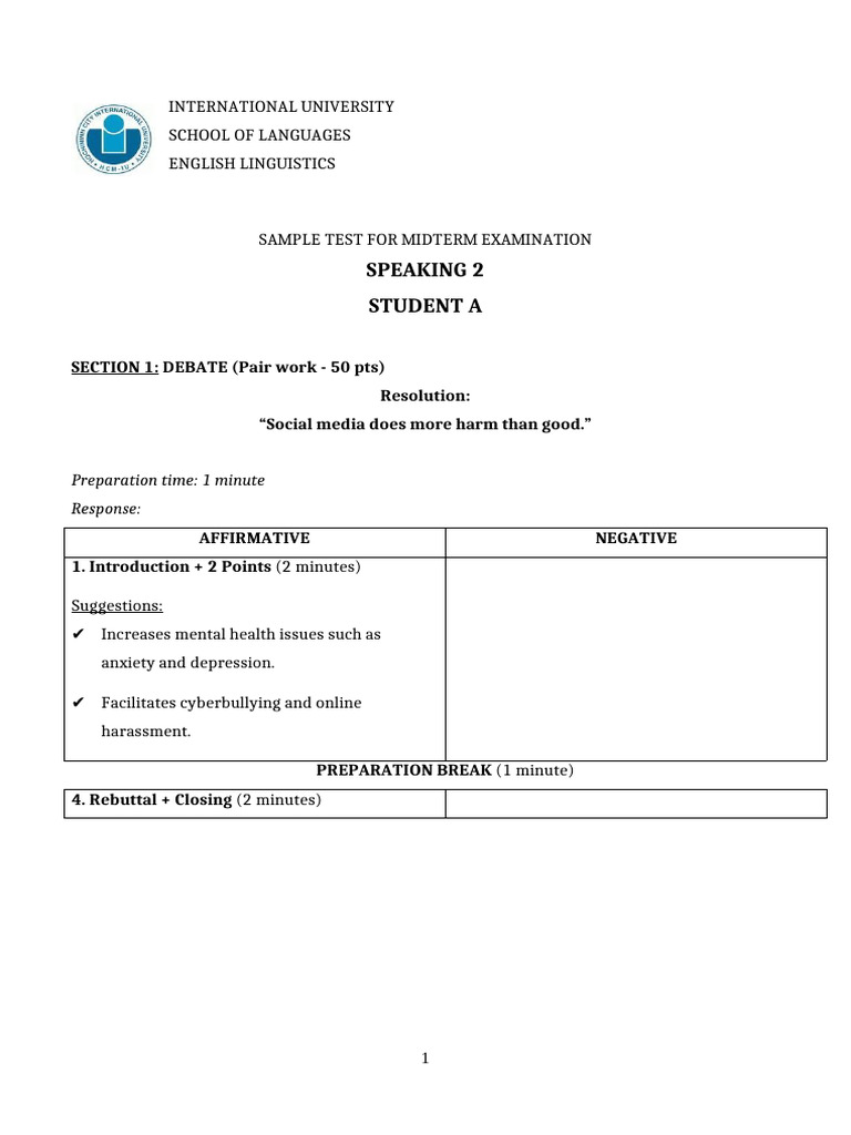 Speaking 2 Sample Test - 2023-24 S2 | PDF | Human Communication ...