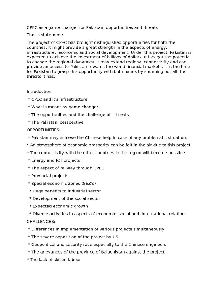 CPEC As A Game Changer For Pakistan Outline | PDF