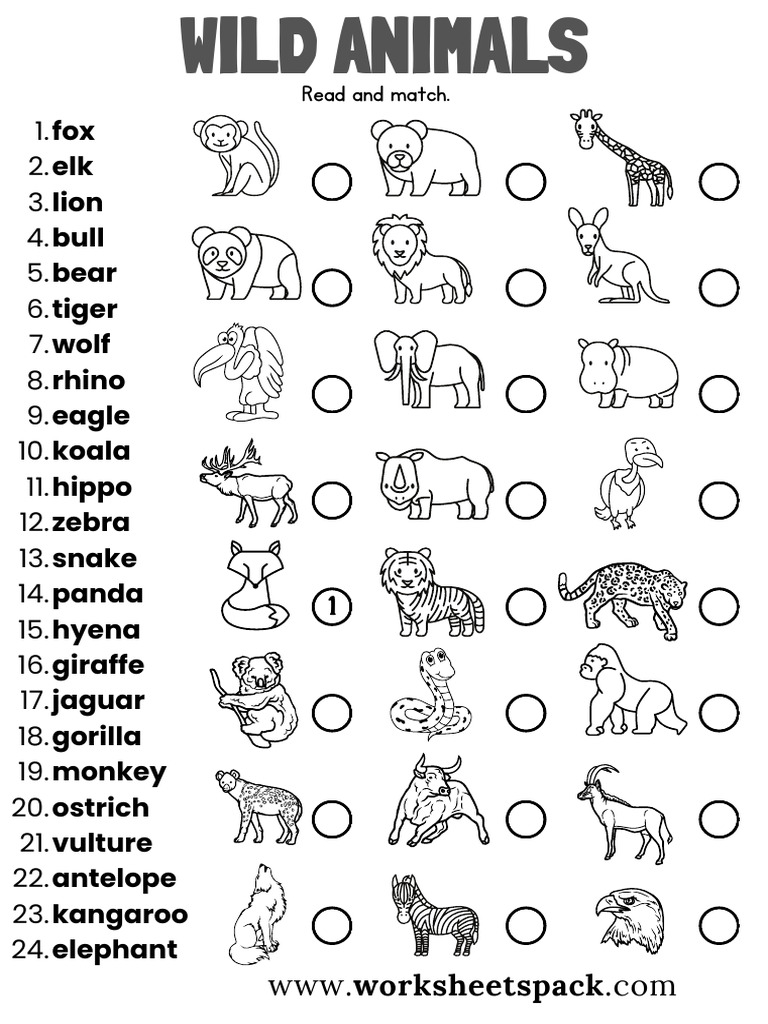 Wild Animals Worksheet Black and White | PDF