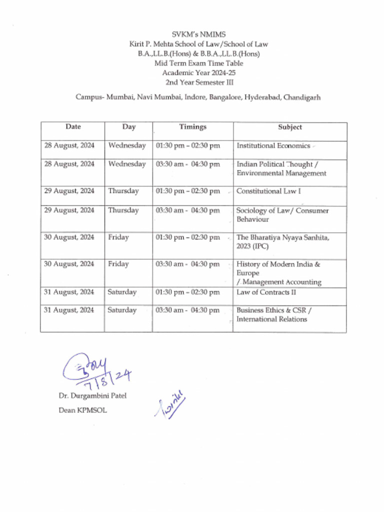 Mid Term Exam Time Table Term I - Sem Iii, V, Vii & Ix | PDF