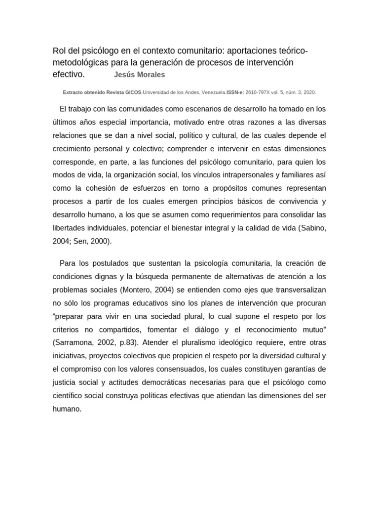 Lectura 1 Ps Comunitaria Rol Del Psicólogo en El Contexto Comunitario | PDF