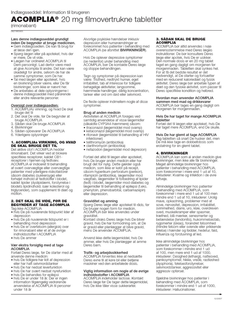 Acomplia Filmovertrukne Tabletter 20 MG | PDF