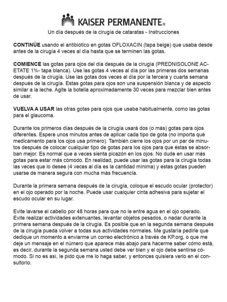 Instructions For After Cataract Surgery (Spanish) - tcm75-158154 | PDF