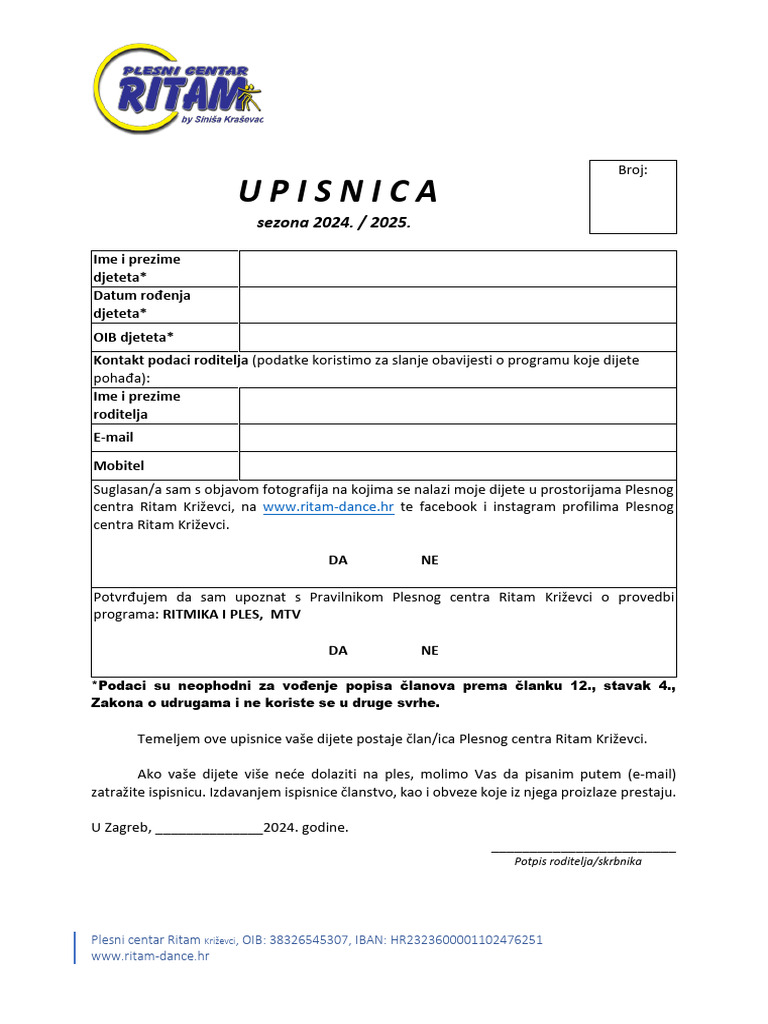 Upisnica - 2024-2025 Zagreb | PDF