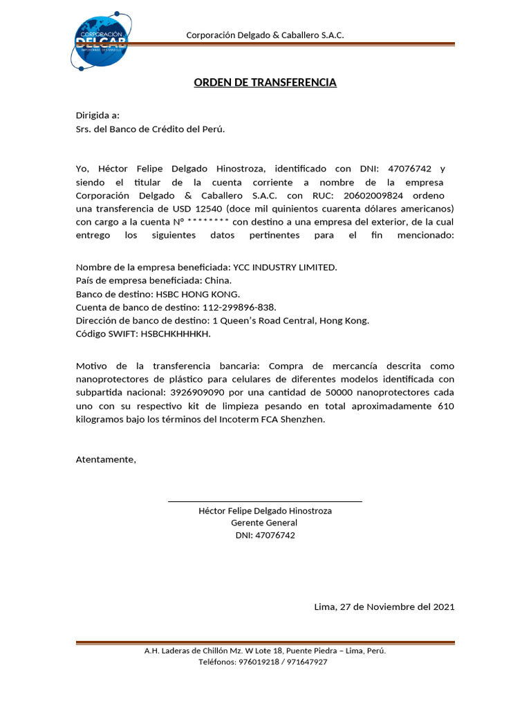 Modelo de Carta de Transferencia BCP | PDF