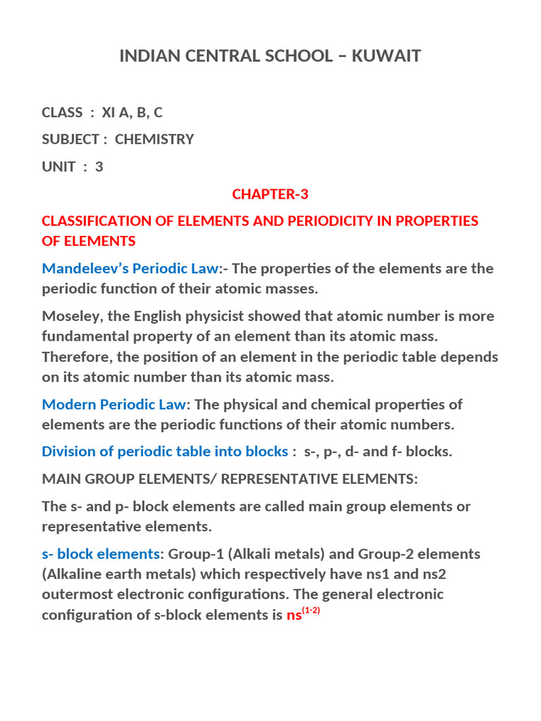 ICS W Unit 3 Notes, Chem (11th STD) | PDF