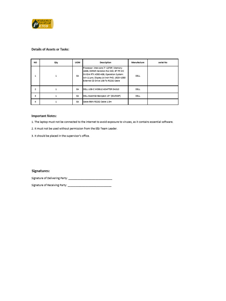Custody Receipt Form | PDF