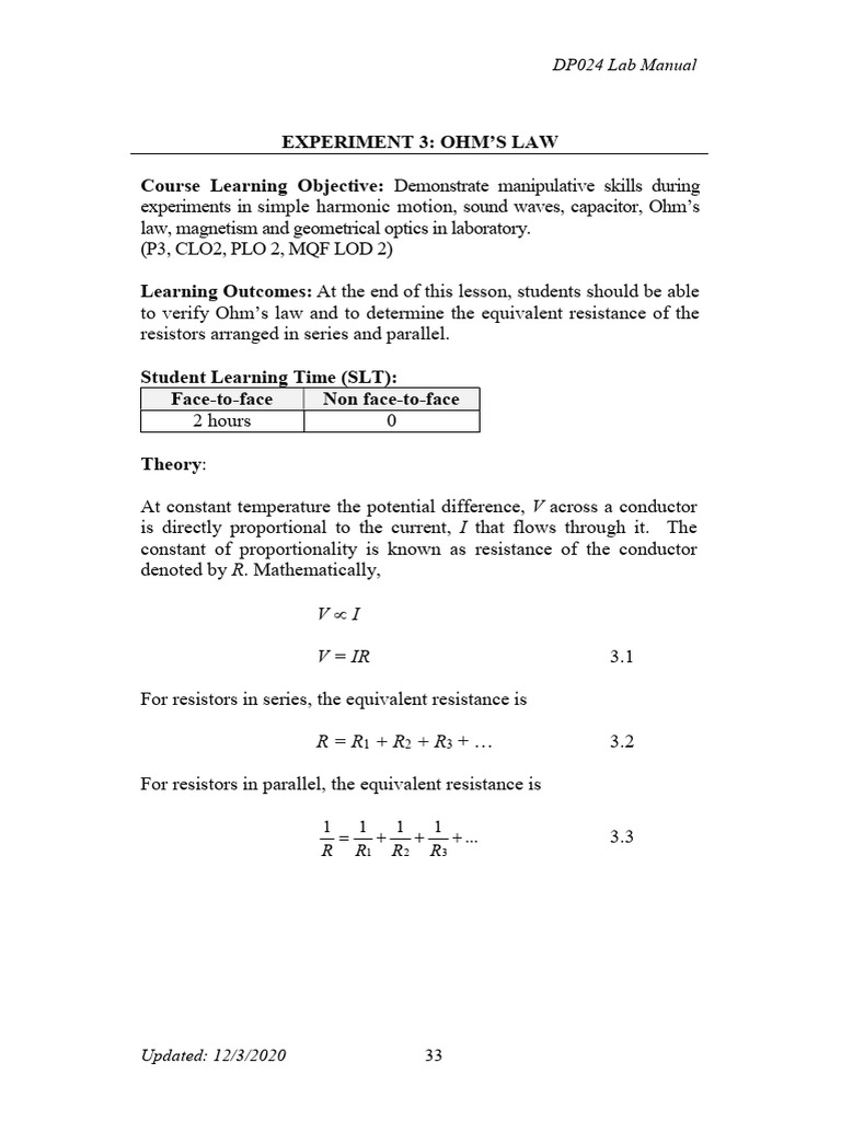 (Manual) EXP 3 DP024-OHM'S LAW | PDF