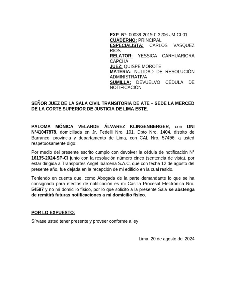 ESCRITO DE DEVOLUCIÓN DE CEDULA | PDF