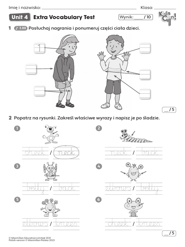 Kids Can - 1 - Extra Vocabulary Test - Unit 4 | PDF
