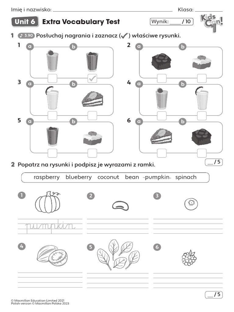 Kids Can - 1 - Extra Vocabulary Test - Unit 6 | PDF