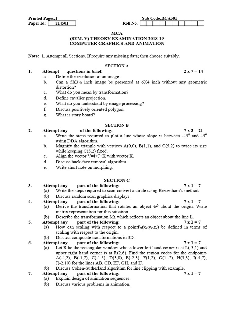 Mca 5 Sem Computer Graphics and Animation Rca 501 2018 19 | PDF