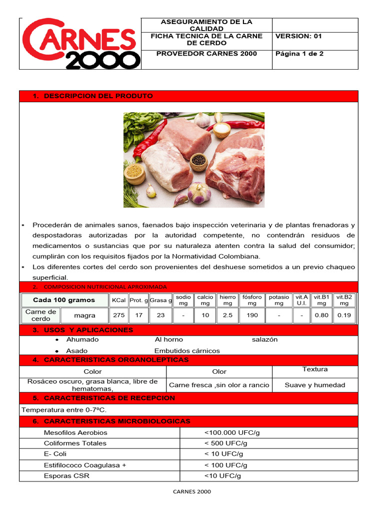 Ficha Tecnica de La Carne de Cerdo | PDF
