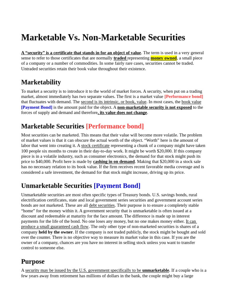 Marketable vs. Non-Marketable Securities | PDF