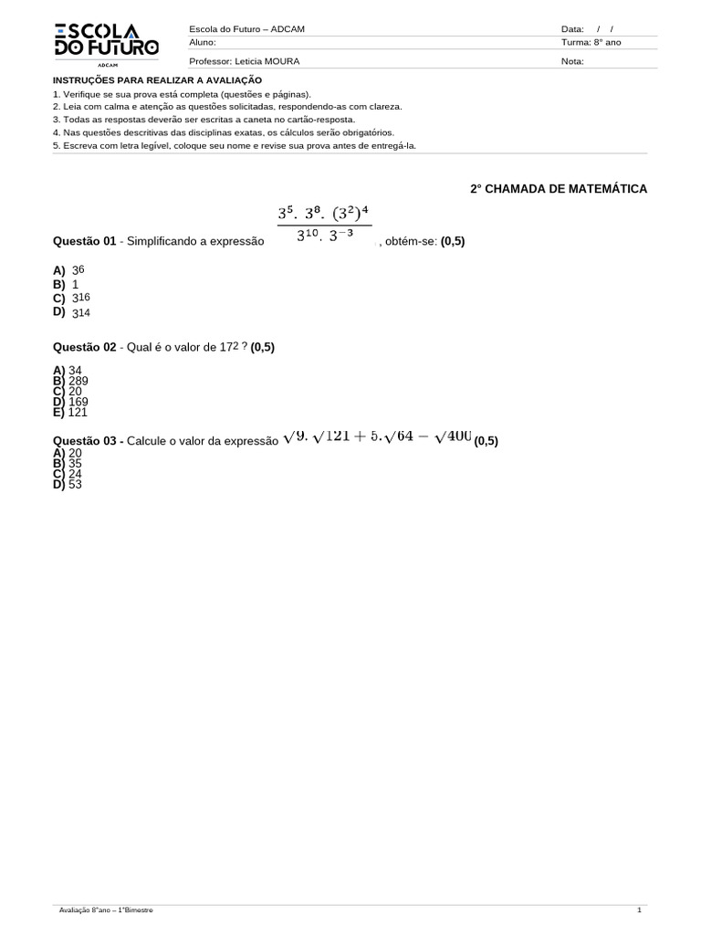Prova 8 ano Normal - 2° Chamada | PDF