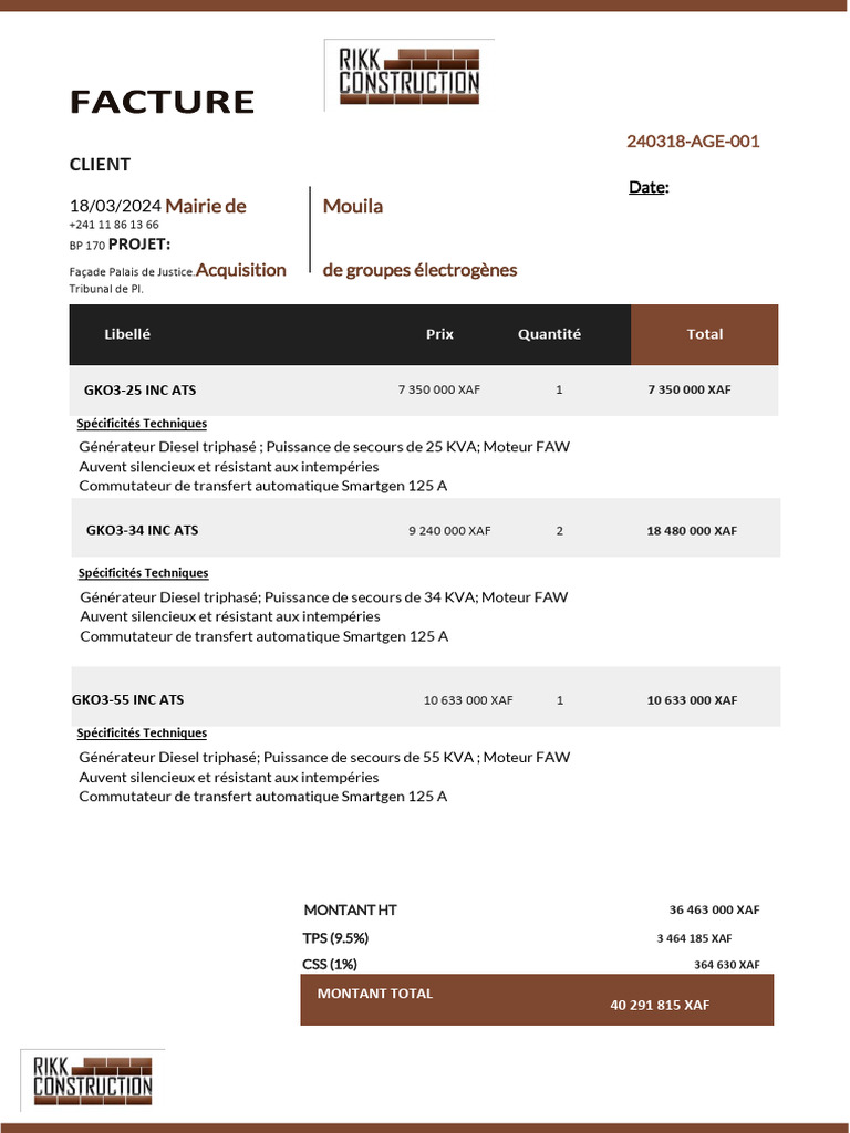 RIKK Construction - Proforma Groupes Electrogènes | PDF