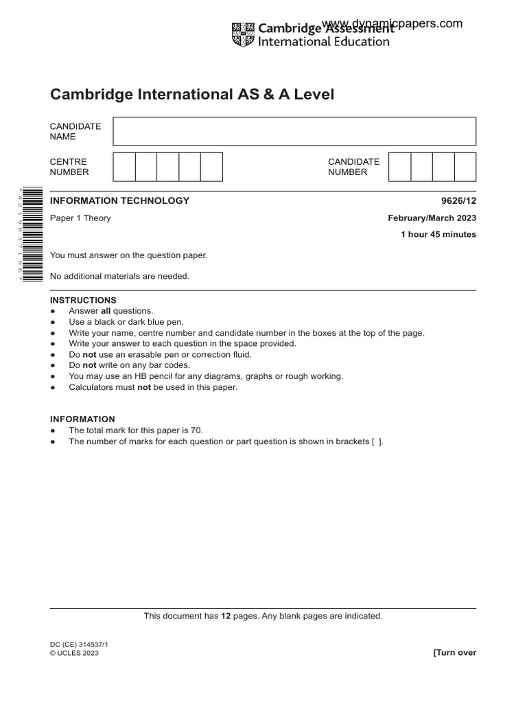 Cambridge International AS & A Level: Information Technology 9626/12 | PDF