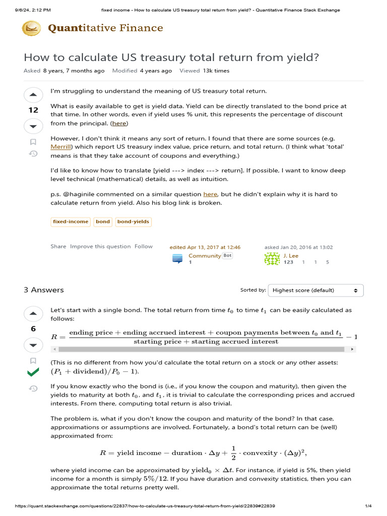 Fixed Income - How To Calculate US Treasury Total Return From Yield | PDF