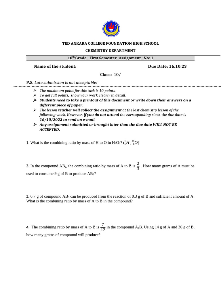 Hw1 the Fundamental Laws of Chemistry | PDF