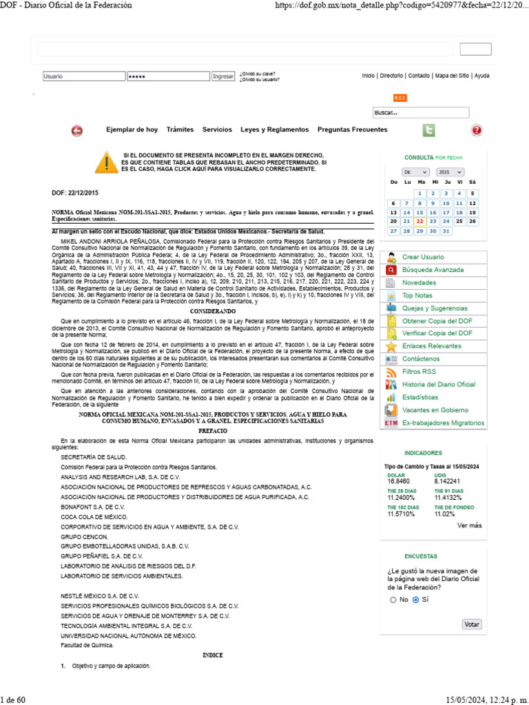 NOM-201-SSA1-2015, Productos y Servicios. Agua y Hielo para Consumo Humano, Envasados y A Granel ...