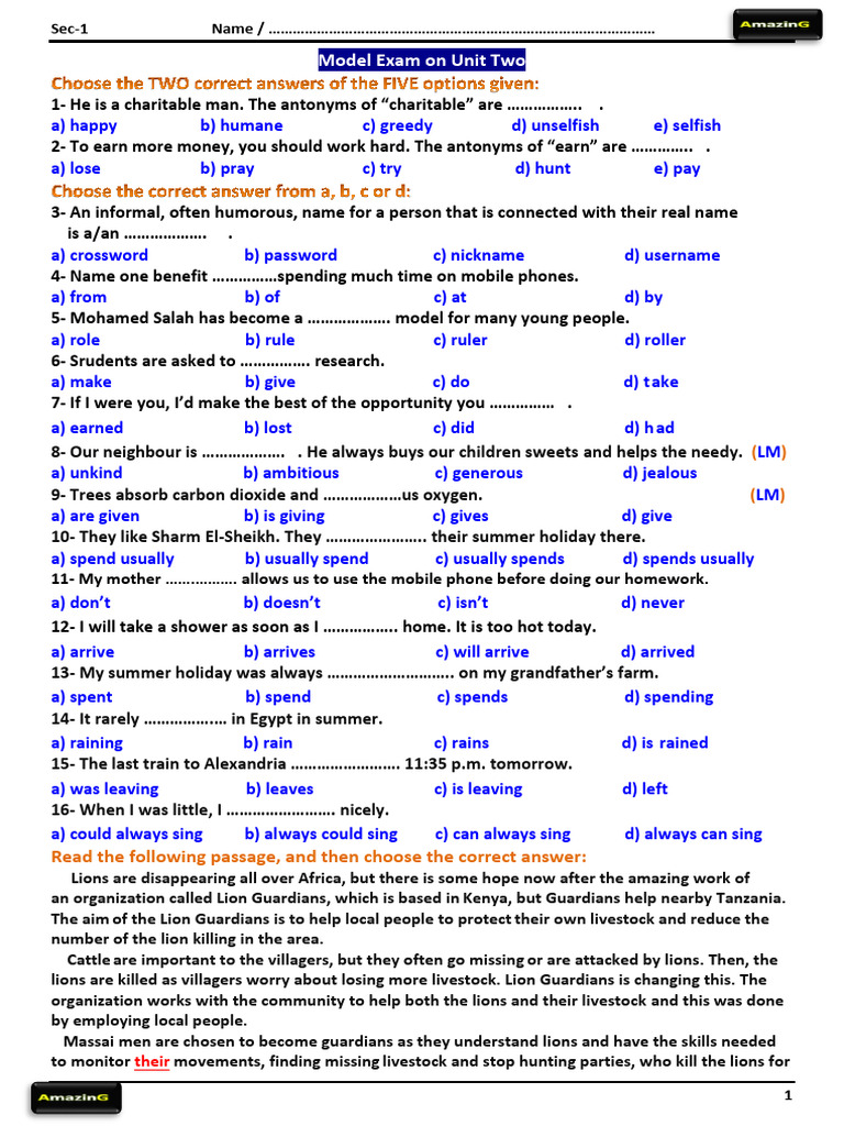 Sec-1-Exam On Unit Two-Amazing | PDF