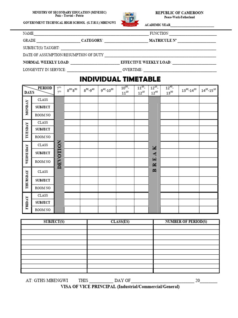Individual Timetable Form - GTHS Mbengwi | PDF