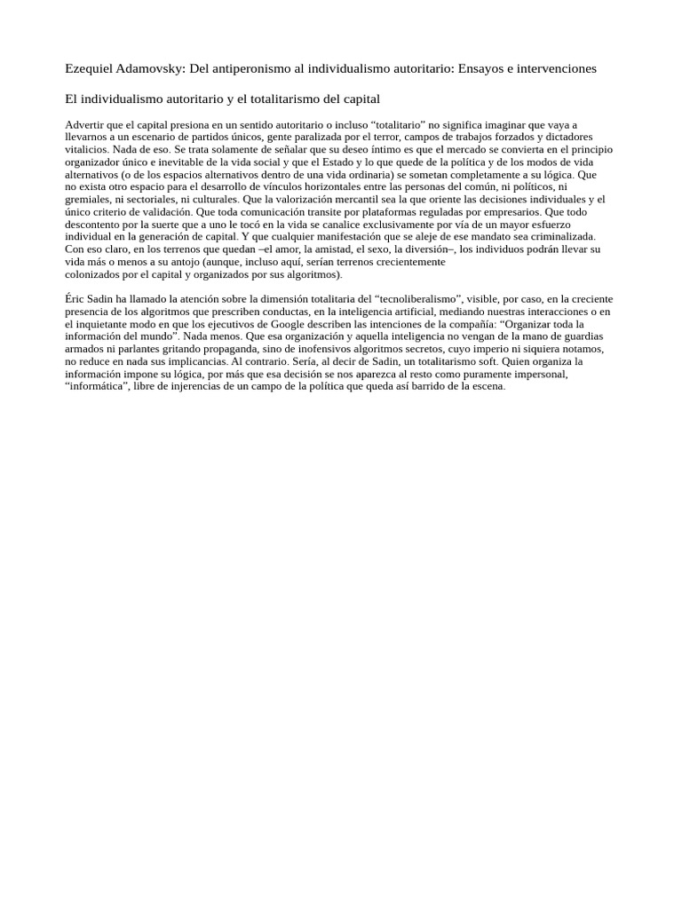 Adamovsky, E El Individualismo Autoritario | PDF